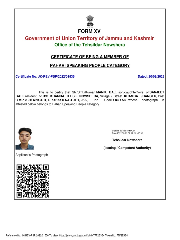 Certificate of Membership in the Pahari Speaking People Category Issued ...