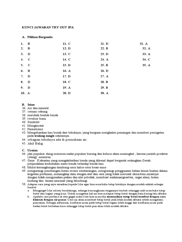 Kunci Jawaban Try Out Ipa (Beatrice) | PDF