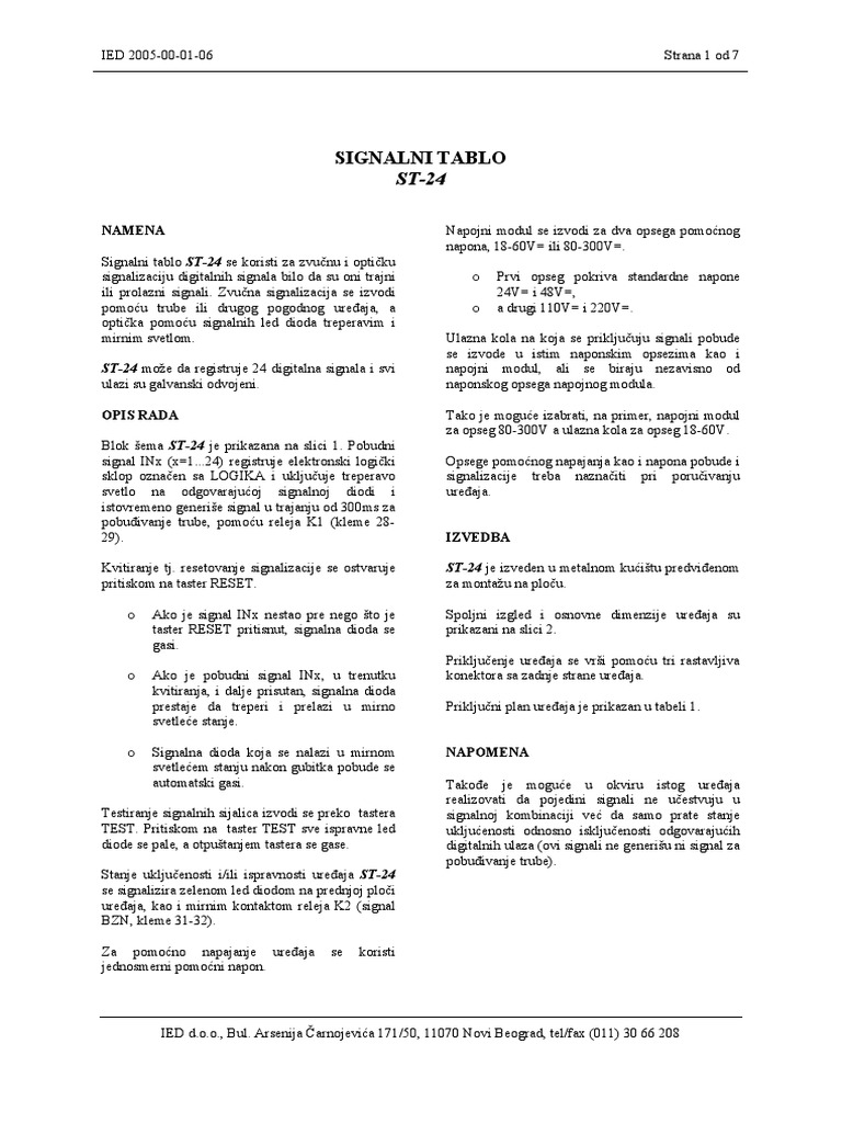 IED Beograd SIGNALNI TABLO Sa 24 Signala st-24 | PDF