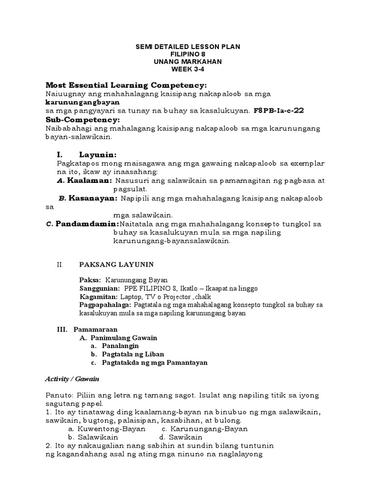 SEMI DETAILED LESSON PLAN Filipino 8 | PDF
