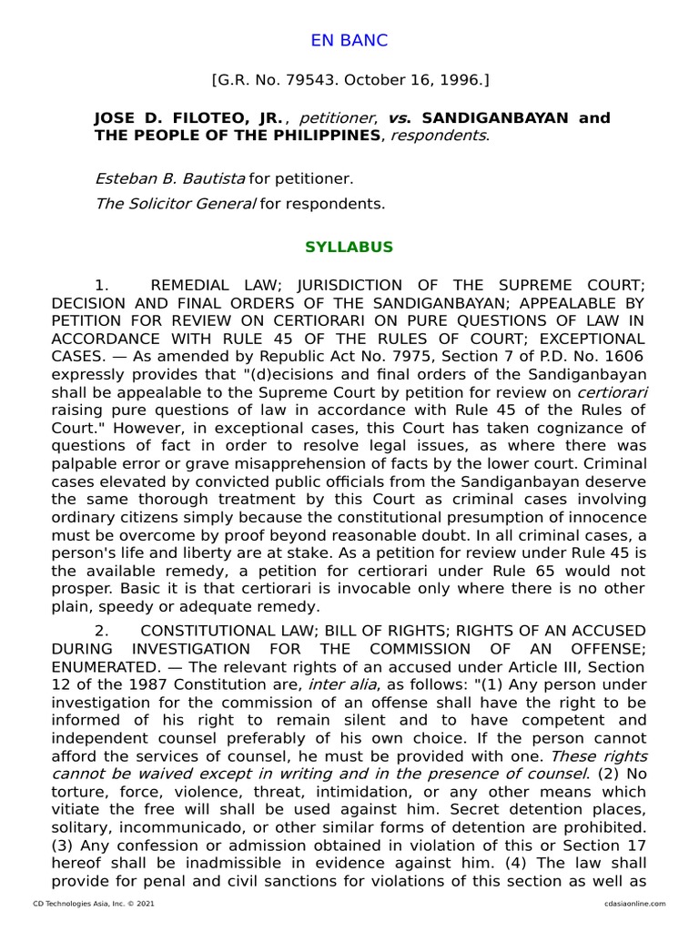 Filoteo Jr. v. Sandiganbayan | PDF | Certiorari | Plea