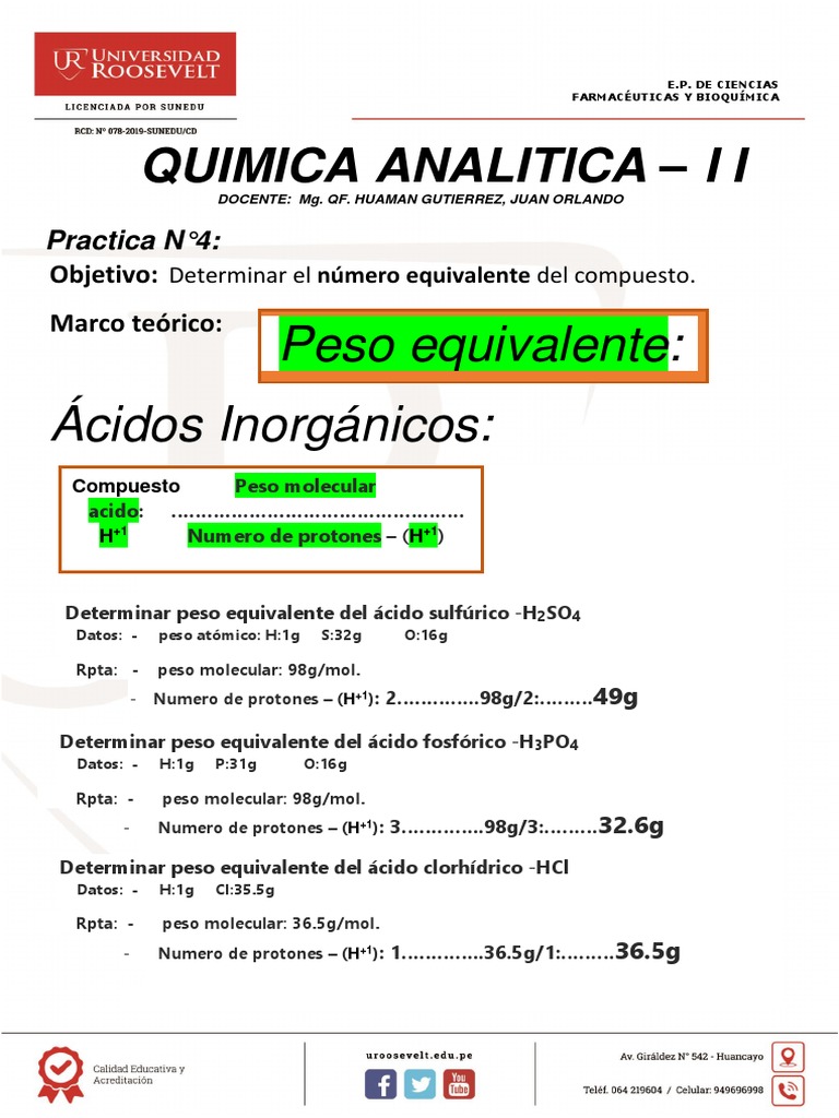 Practica #4 Numero Equivalente - Compuesto PDF | PDF | Ácido | Sal (química)