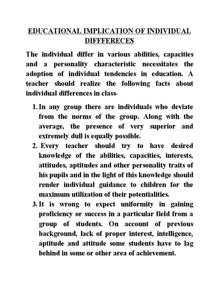 Educational Implication of Individual Differences | PDF | Teachers ...