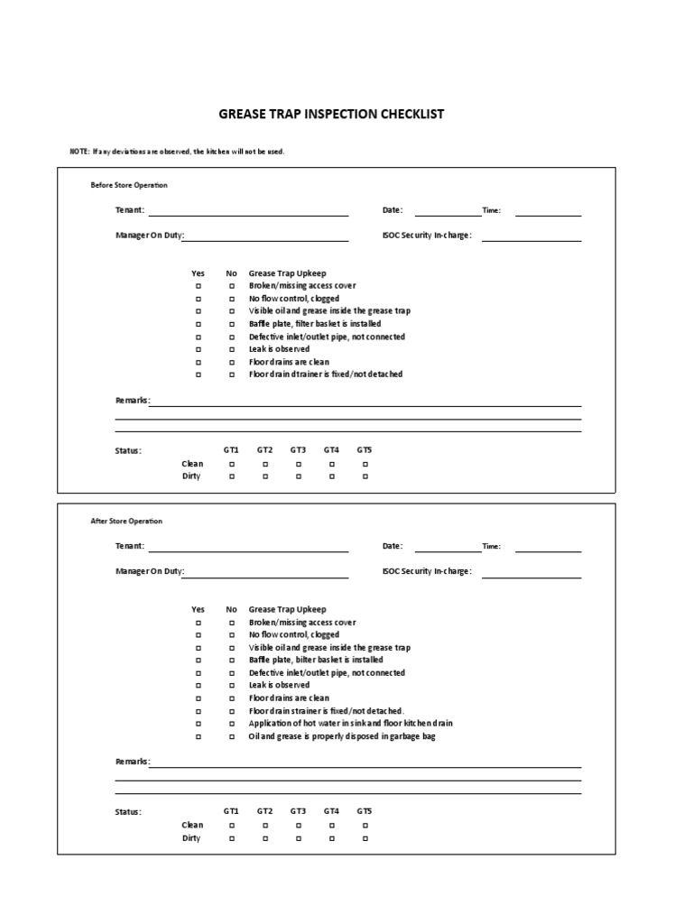 Grease Trap Inspection Checklist Sample | PDF | Hydraulic Engineering ...