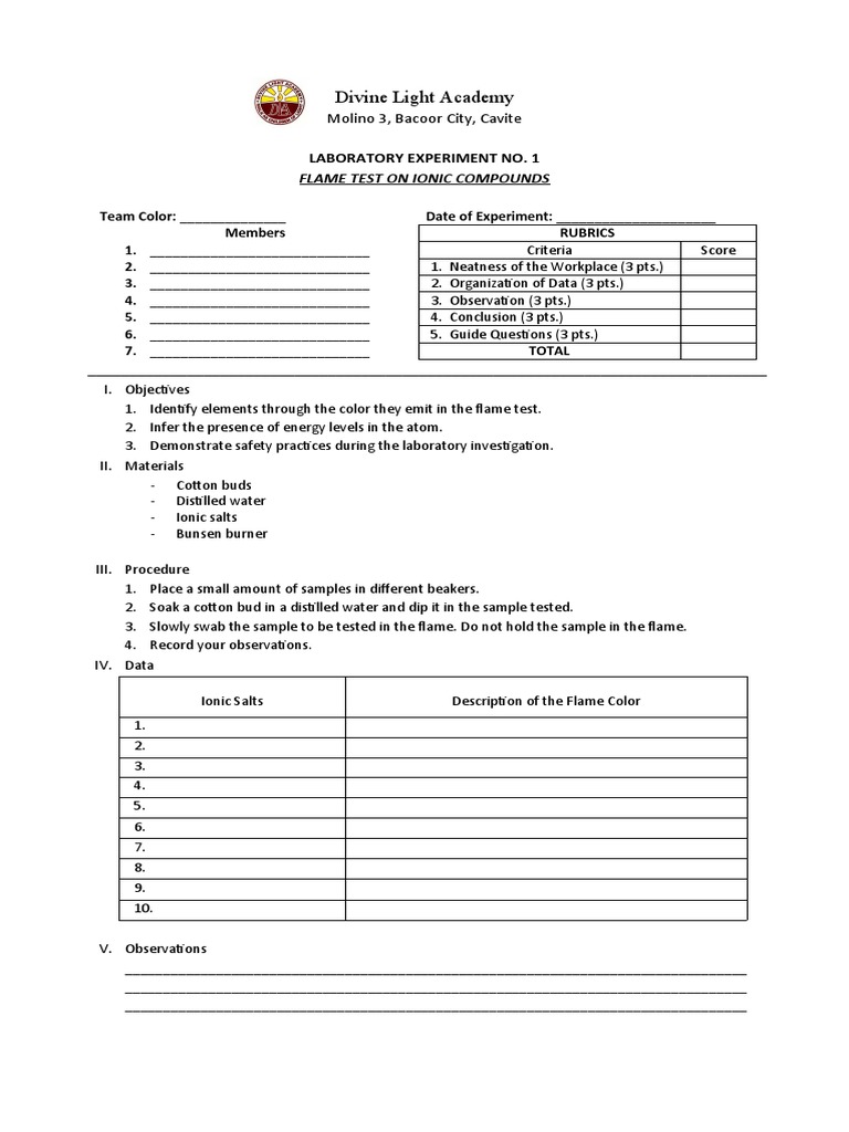Experiment No 2 Flame Test | PDF | Experiment | Laboratories