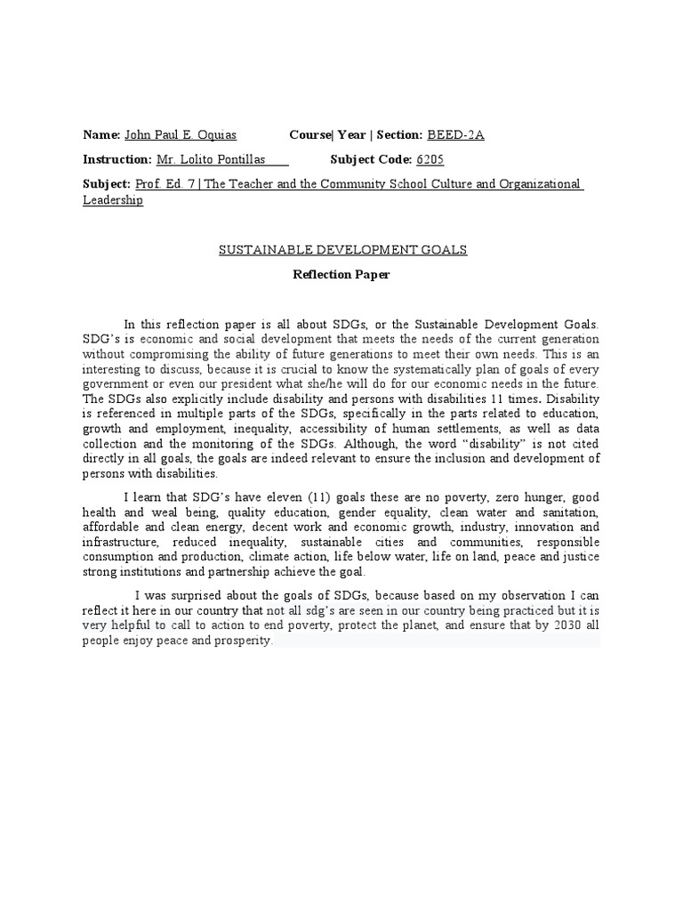 SDG's Reflection Paper | PDF