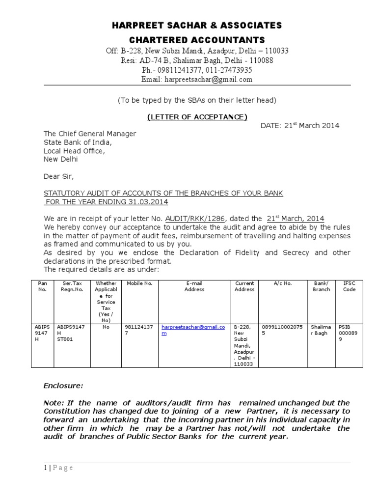 Acceptance Letter - SBI Audit DT 21.03.2014 - Final | PDF | Accountant ...