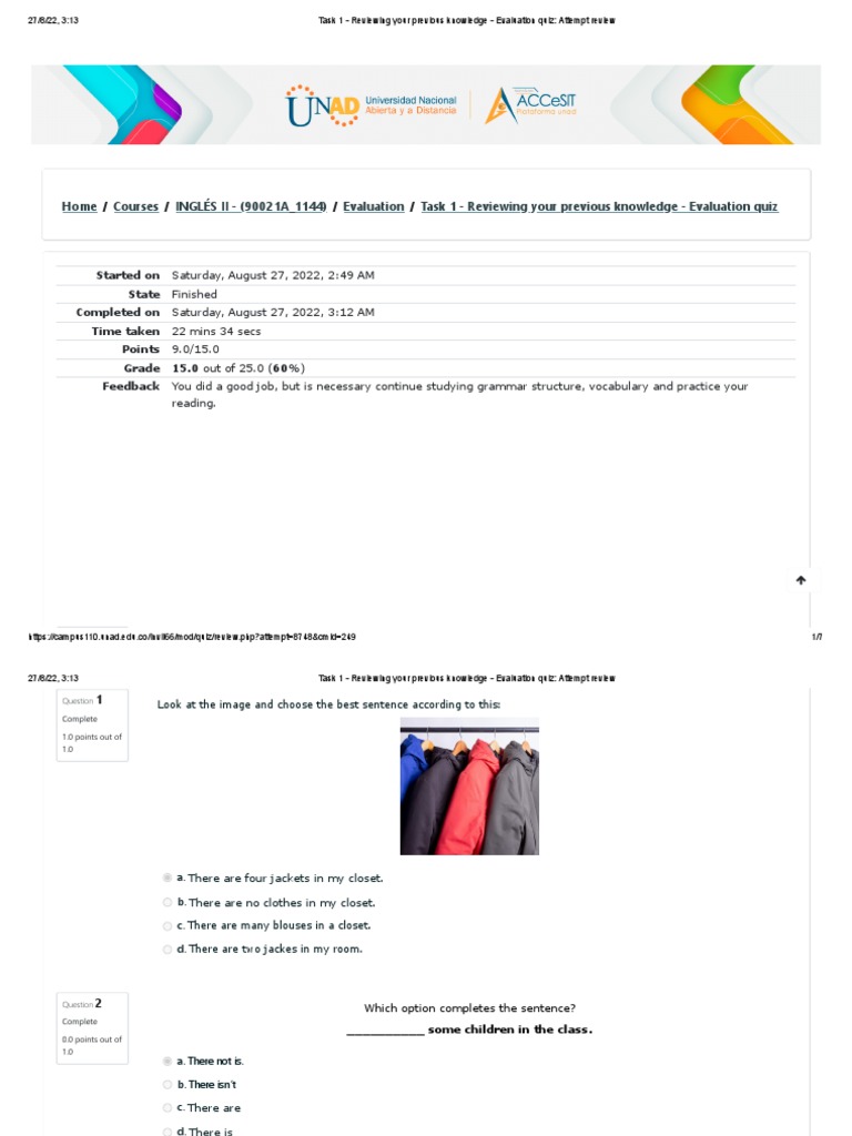 Task 1 - Reviewing Your Previous Knowledge - Evaluation Quiz - Attempt ...