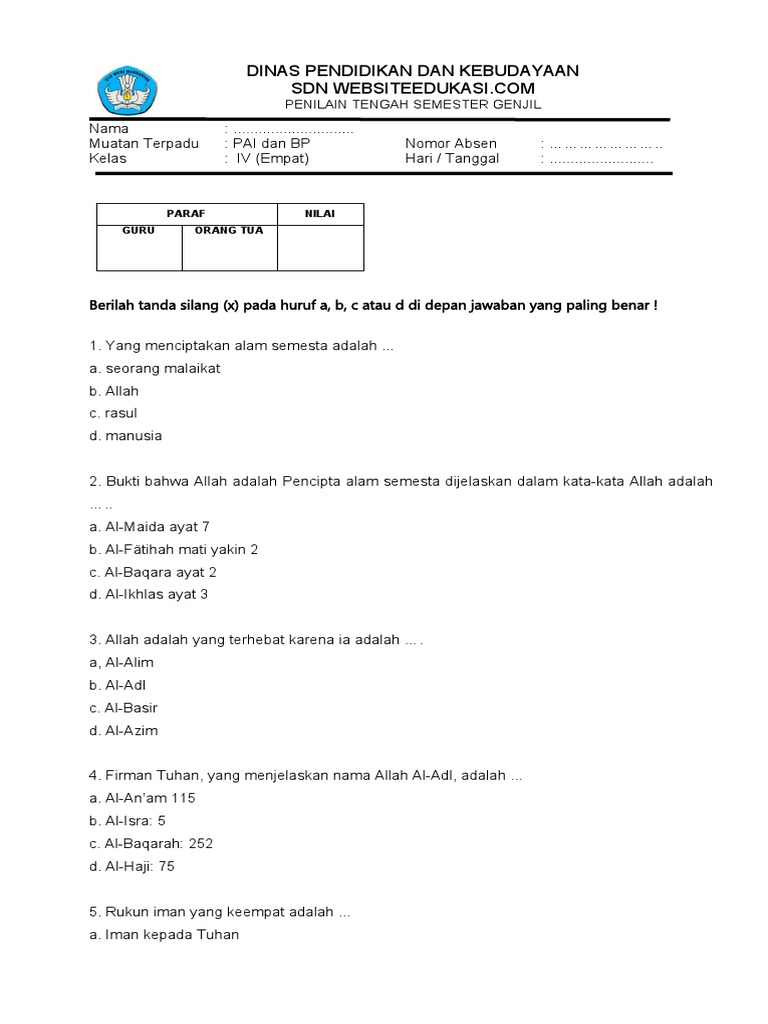 Soal PTS PAI Kelas 4 Ganjil | PDF | Agama & Spiritualitas