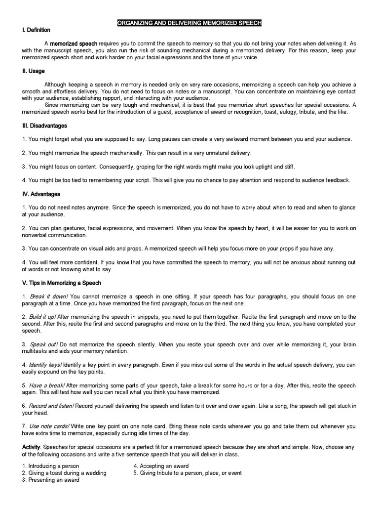 ORGANIZING AND DELIVERING MEMORIZED IMPROMPTU and EXTEMPORANEOUS SPEEC SPEECH1 | PDF | Question ...