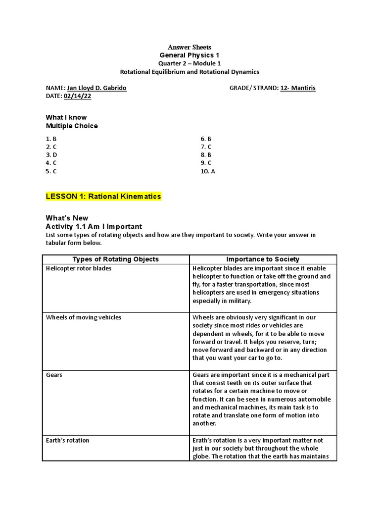 Answer Sheets - GENERAL PHYSICS 1 - Quarter 2 - Module 1 Rotational ...