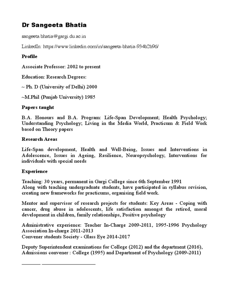 CV - Sangeeta Bhatia | PDF | Psychology | Adolescence