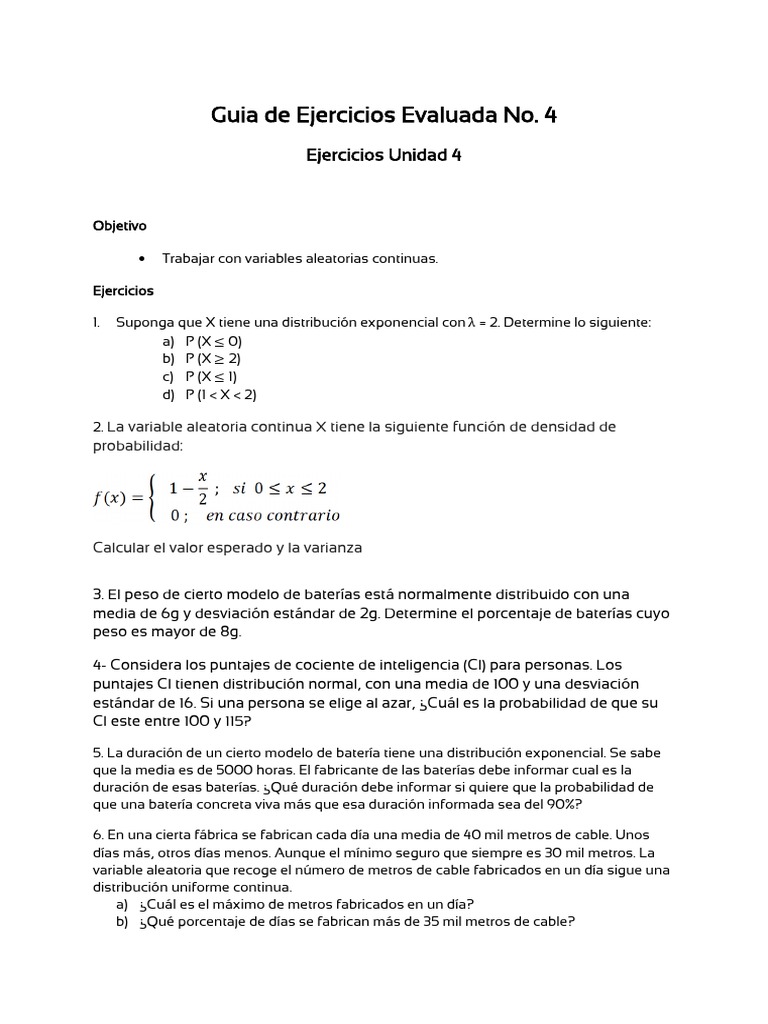 Guia de Ejercicios Evaluada No. 4 | PDF | Media | Desviación Estándar