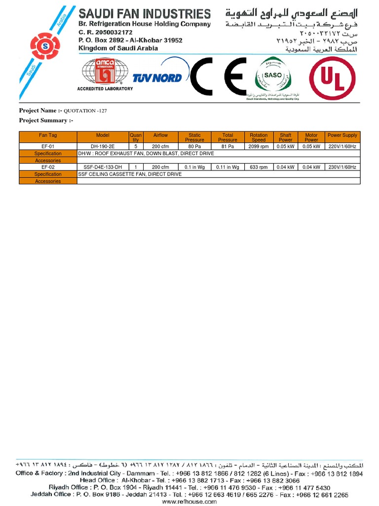 Tech Submittal - QUOTATION - 127 | PDF | Electric Motor | Mechanical Engineering