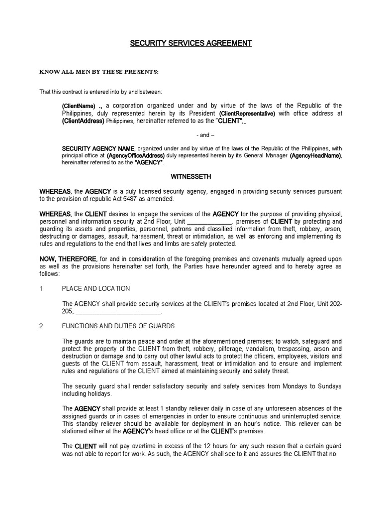 Sample Security Services Agreement | PDF | Security Guard | Employment