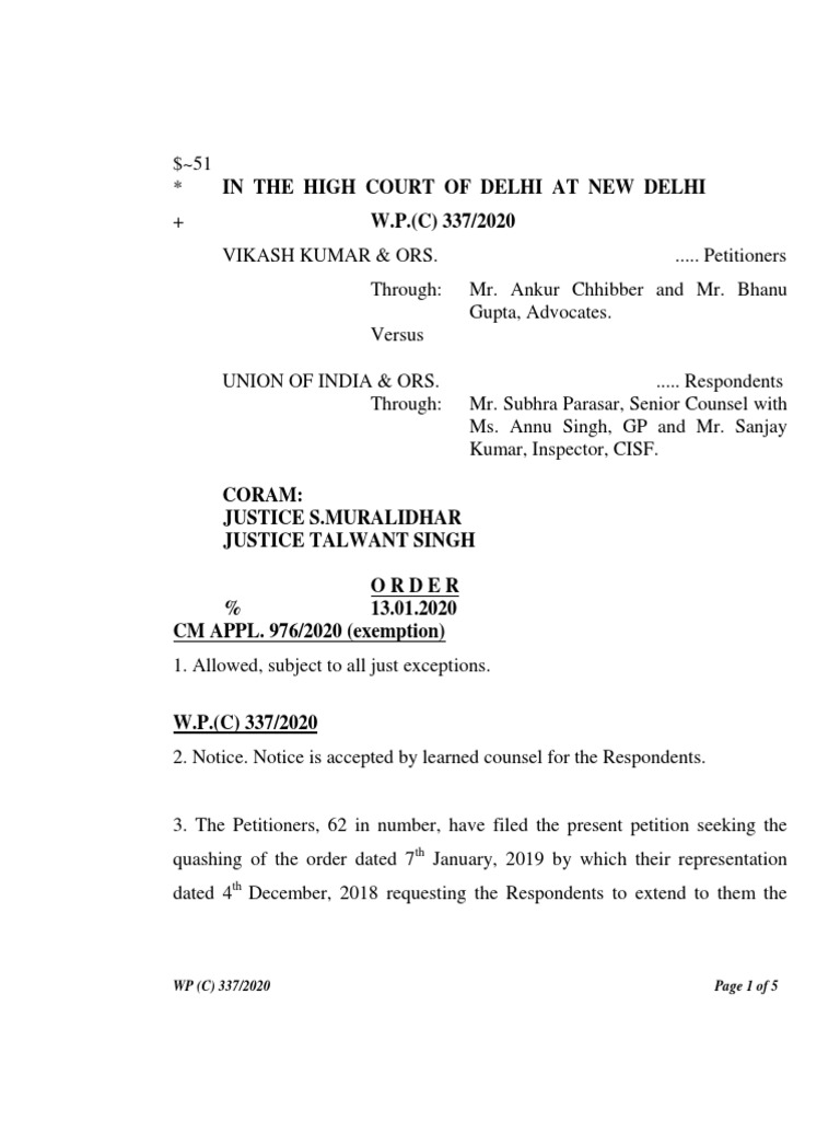 Delhi High Court Order Dated 13.01.2020 WPC 337 of 2020 | PDF ...