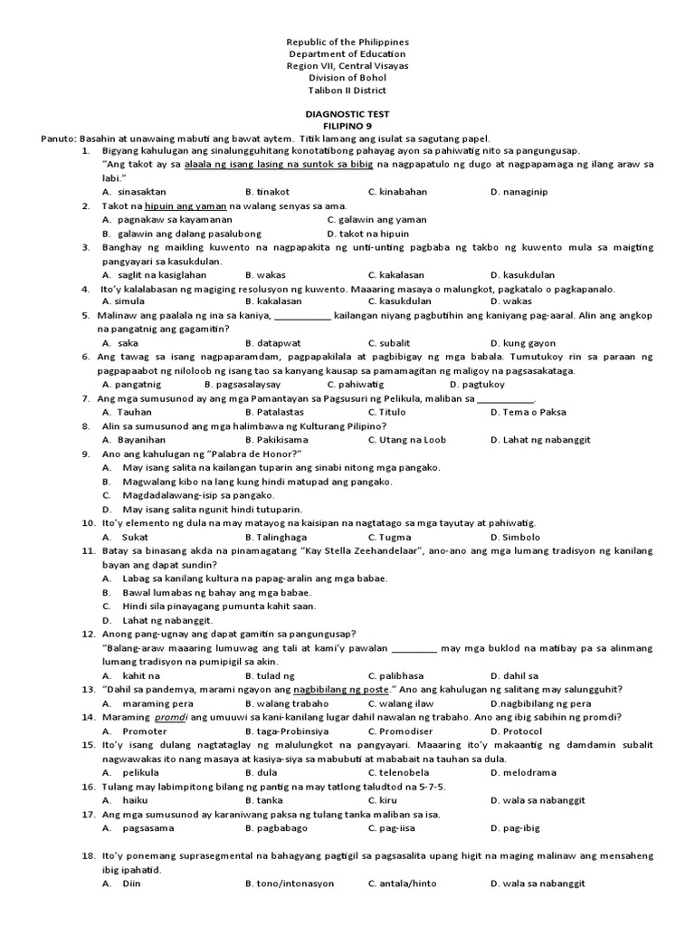 Diagnostic Test in Filipino 9 | PDF