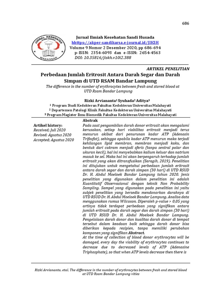 Perbedaan Jumlah Eritrosit Antara Darah Segar Dan Darah Simpan Di UTD RSAM Bandar Lampung | PDF