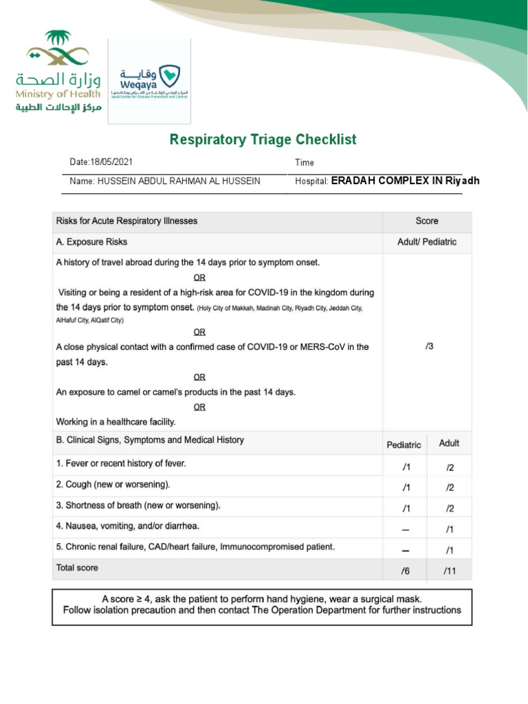Respiratory Triage Checklist Form | PDF