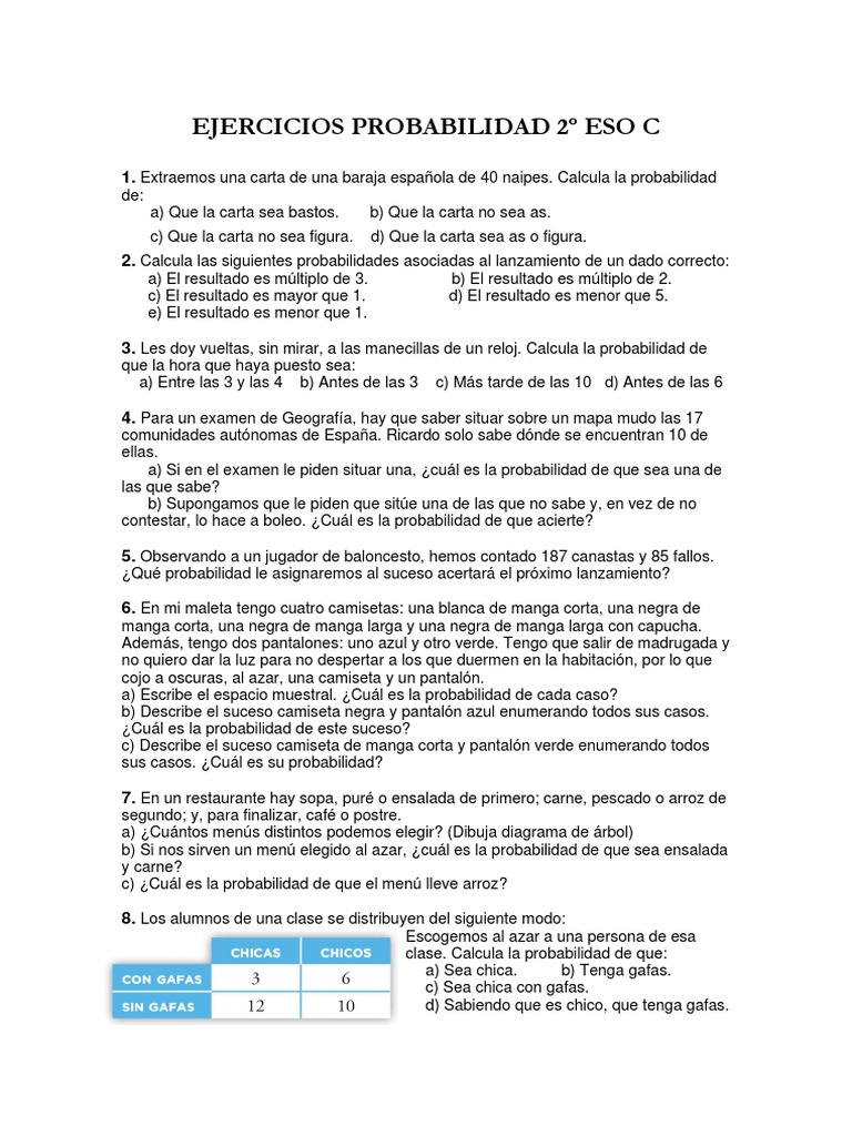Ejercicios Probabilidad 2º Eso | PDF | Probabilidad