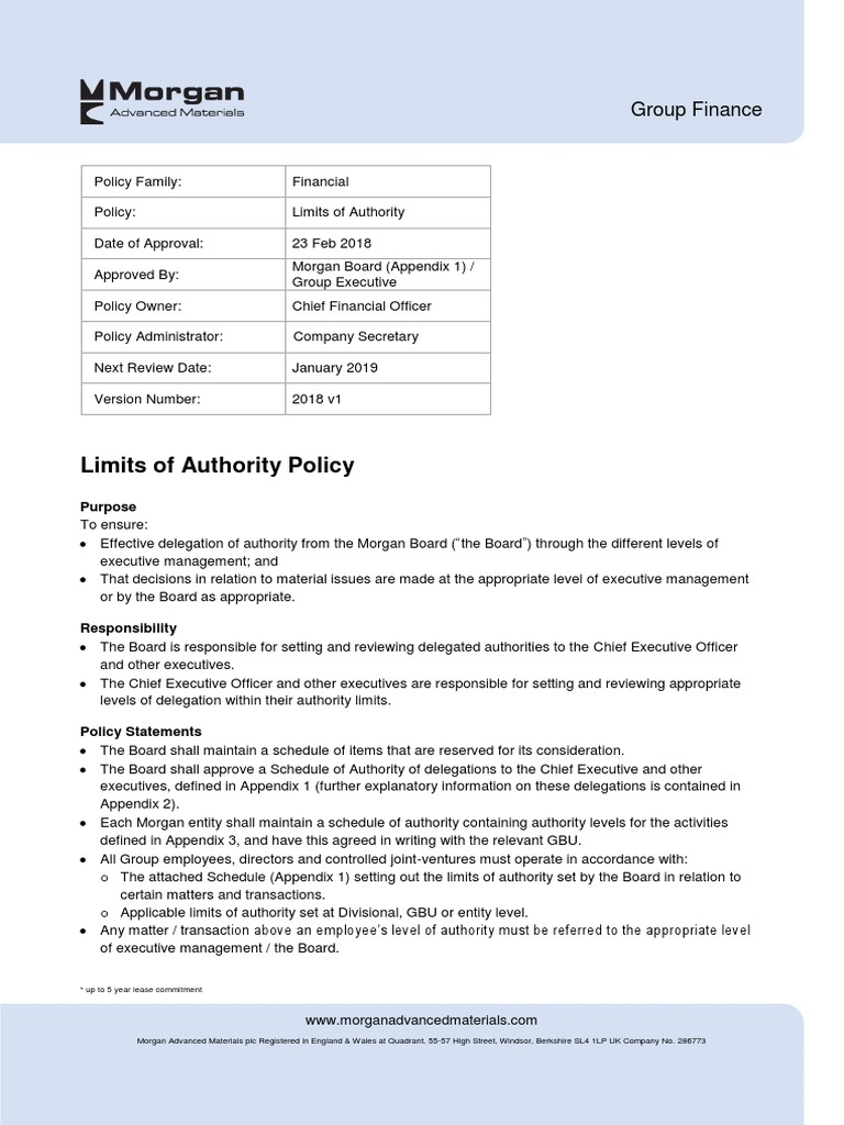 Limits of Authority Policy 2018 FINAL | PDF | Derivative (Finance ...