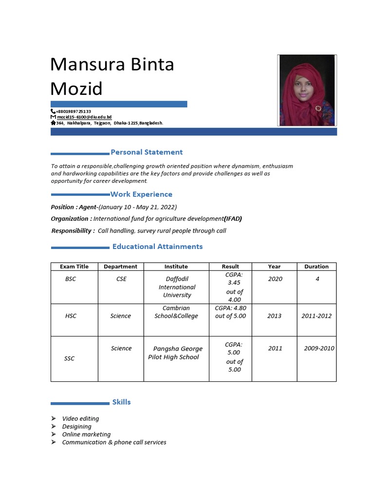 CV of Mansura Binta Mozid | PDF | Computing