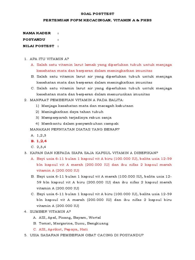 Soal Posttest Vitamin A dan Kecacingan | PDF