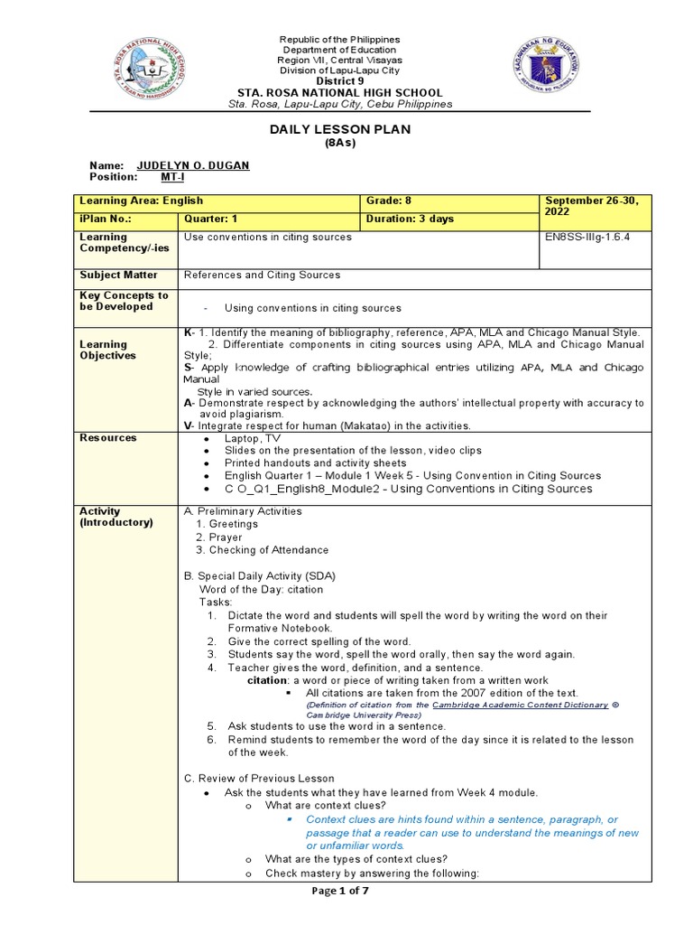 English8 Q1 Week5 District9 Dugan-Conventions in Citing Sources | PDF ...