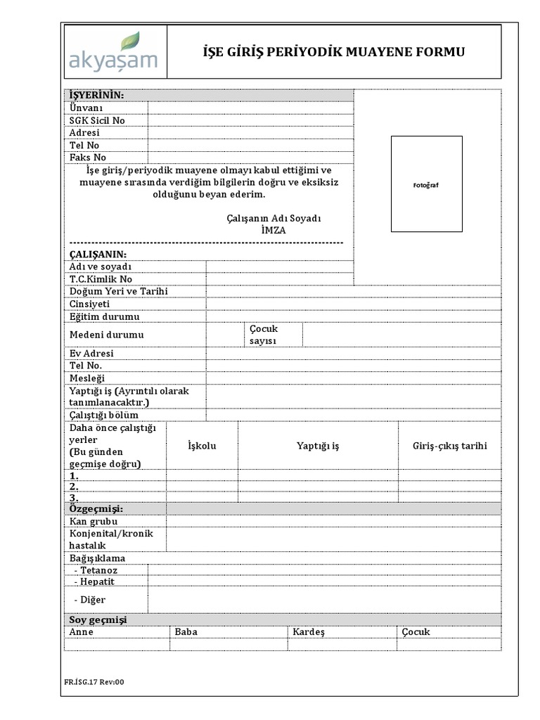 Fr.i̇sg.17 İşe Gi̇ri̇ş Peri̇yodi̇k Muayene Formu-Ek-2 | PDF