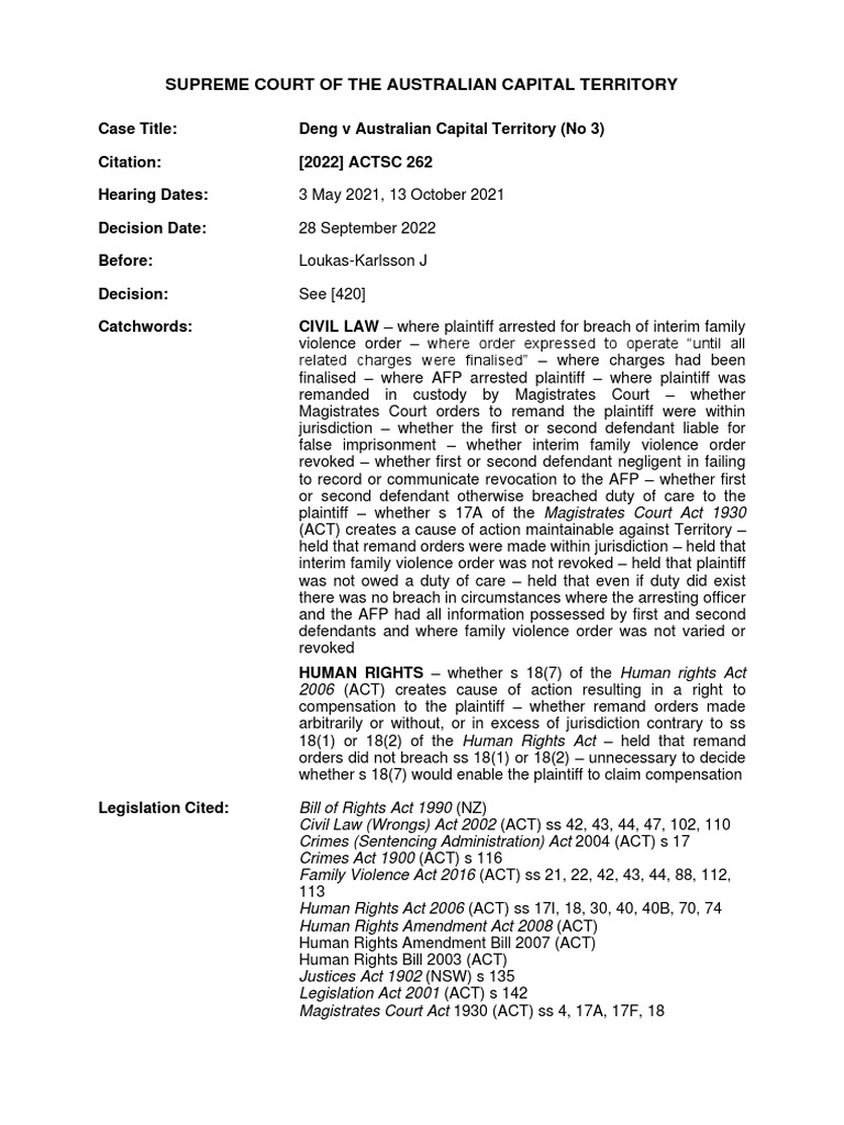 Deng V Australian Capital Territory | PDF | Remand (Detention) | Negligence
