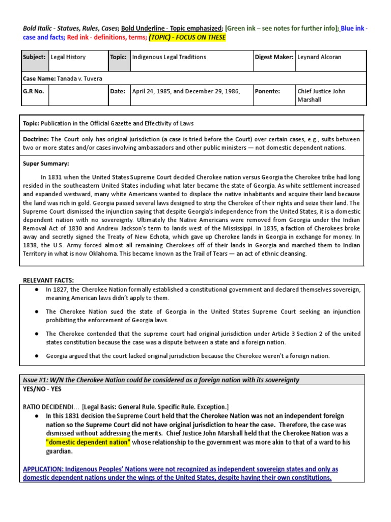 01 - ALCORAN - Cherokee Nation v. Georgia | PDF | Tribal Sovereignty In ...