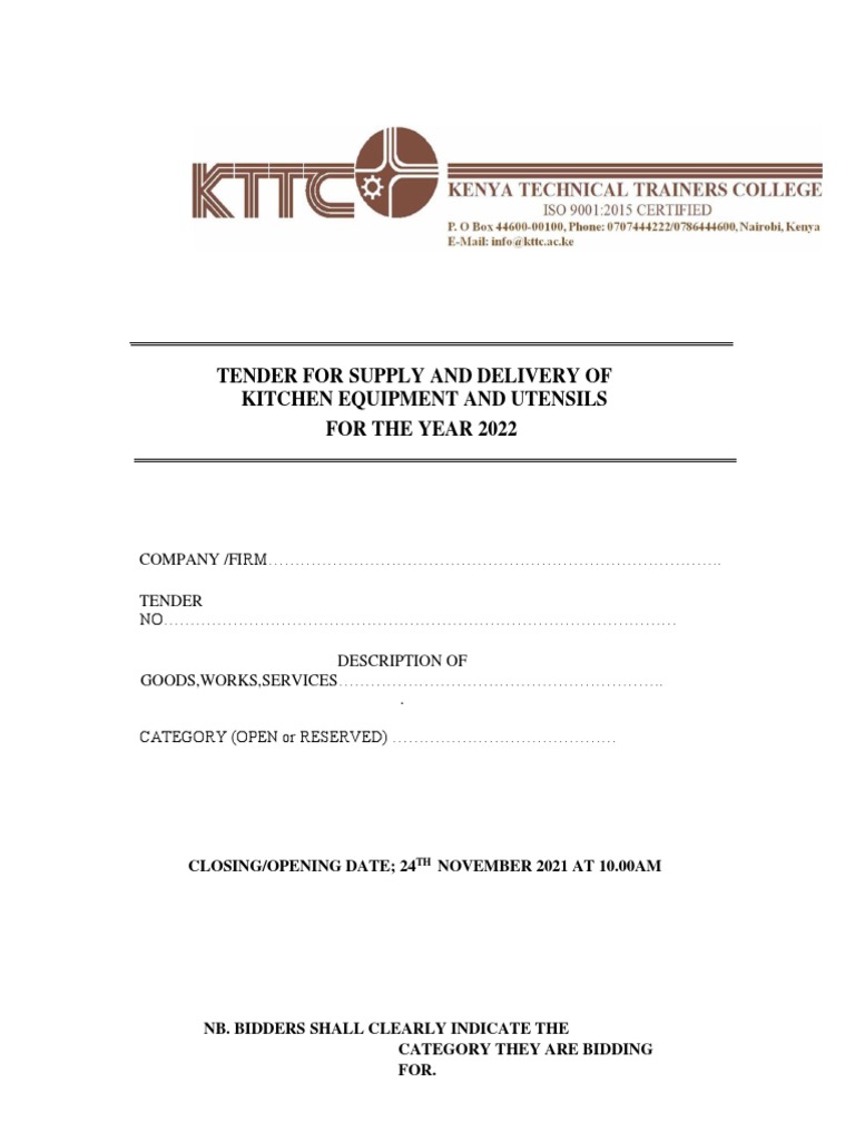 KTTC Kitchen Equipment Tender | PDF | Tableware | Procurement