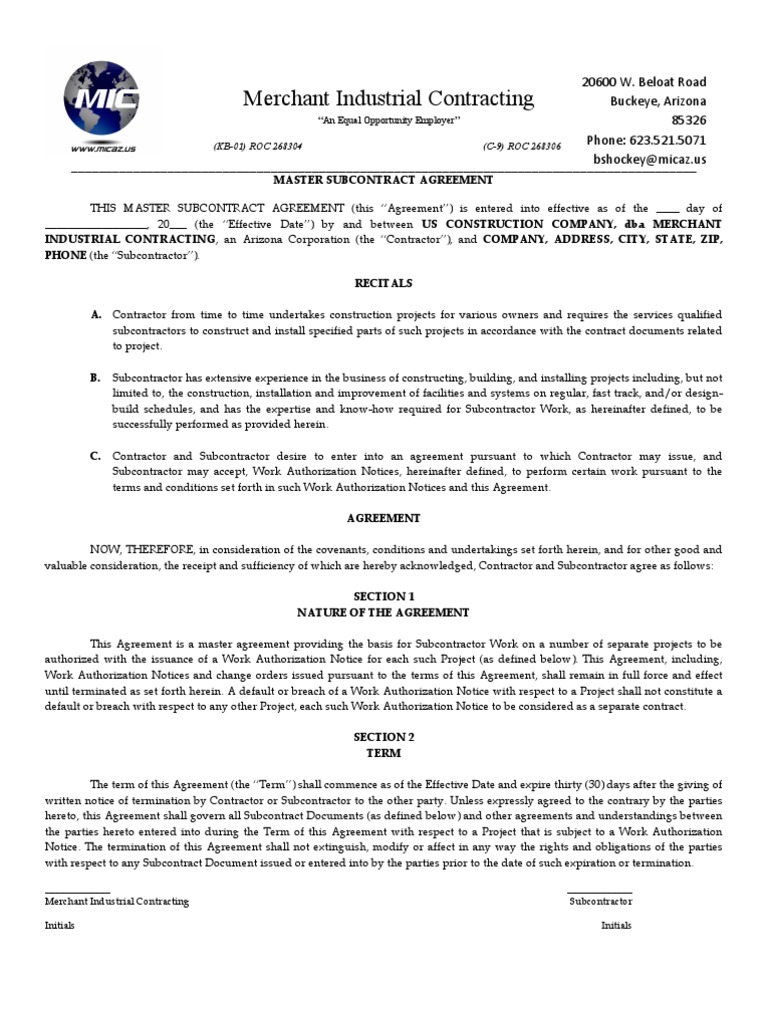 Arizona Master Subcontract Agreement | PDF | Indemnity | General Contractor