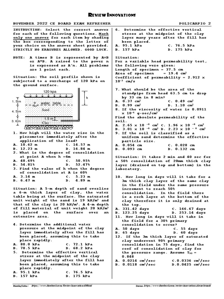 Soil Mechanics Review: Sample CE Board Exam Questions and Solutions ...