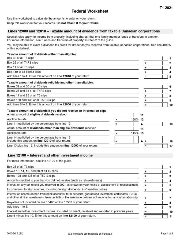 Federal Worksheet: 5000-D1 E (21) (Ce Formulaire Est Disponible en ...