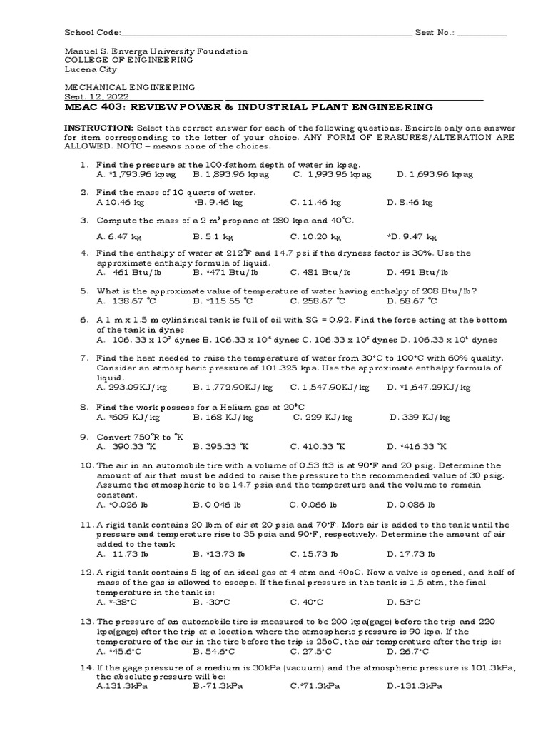 Aprelim Exam Review PIPE 1st Sem 22 - 23 | PDF | Pressure | Pascal (Unit)