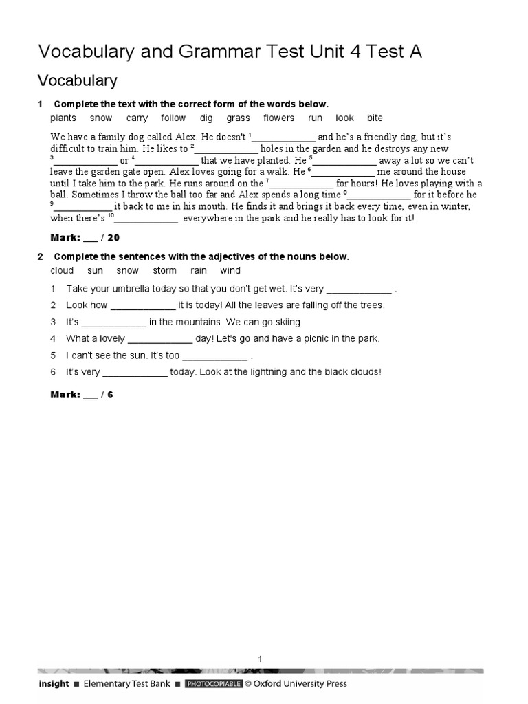 Vocabulary + Grammar Unit 4 Test A | PDF | Snow