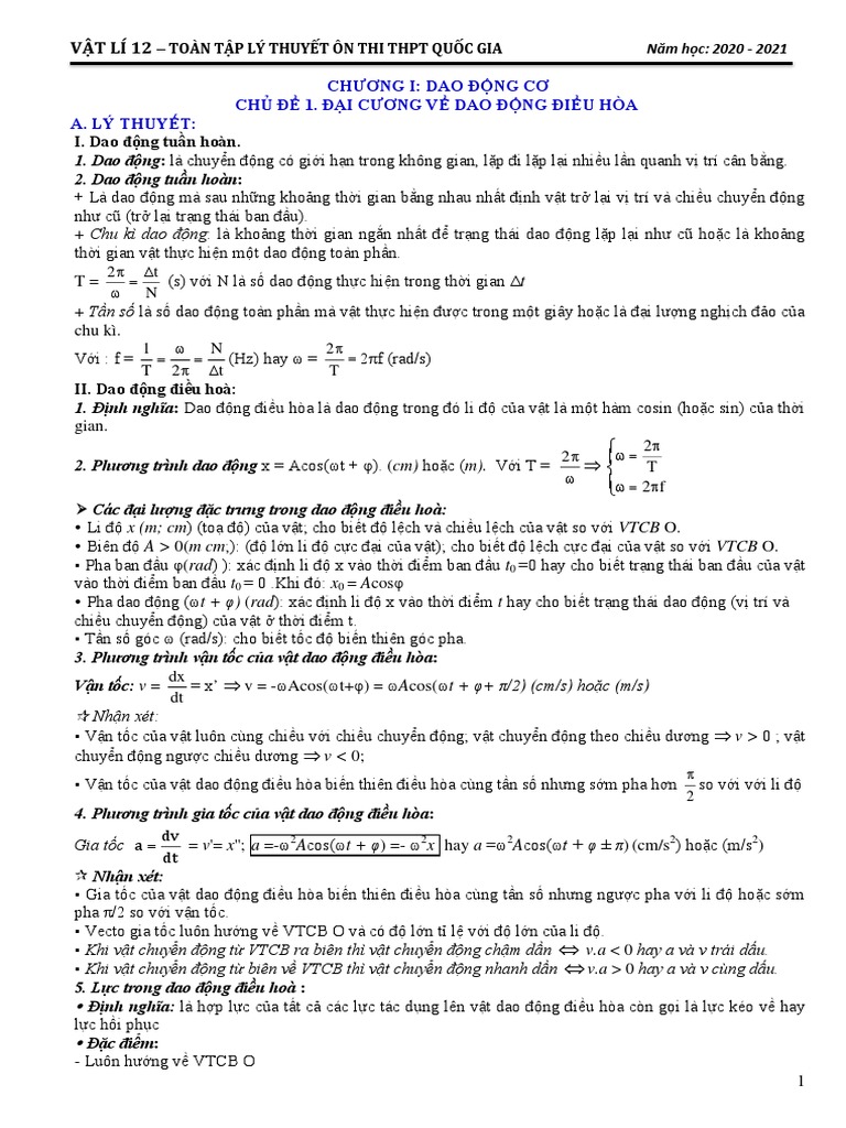 Chương I: Dao Động Cơ Chủ Đề 1. Đại Cương Về Dao Động Điều Hòa A. Lý Thuyết | PDF
