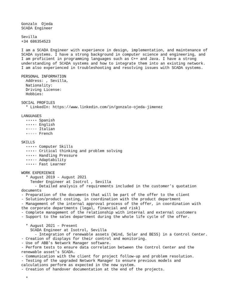 Gonzalo Ojeda - Resume - SCADA Engineer | Download Free PDF | Scada ...