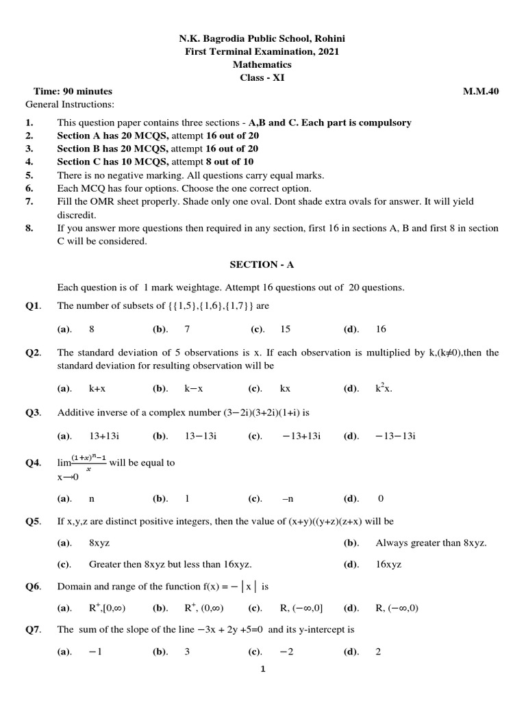 Class - 11 - Maths - Mcqs | PDF | Mathematics | Mathematical Concepts