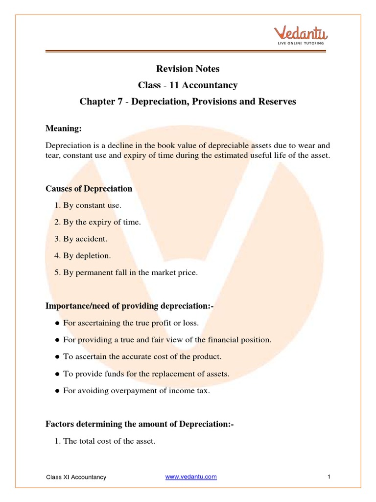 Class 11 Notes CBSE Accountancy Chapter 7 - Depreciation, Provisions ...