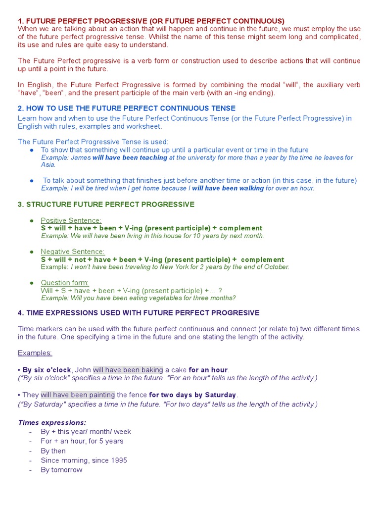Future Perfect Continuous Tense Guide | PDF | Perfect (Grammar) | Verb