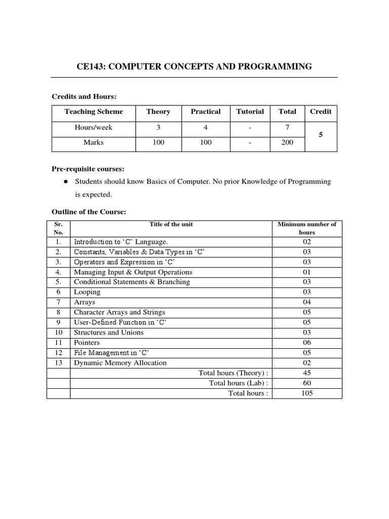 CE143 CCP Syllabus With CO PO Mapping | PDF | Pointer (Computer Programming) | Subroutine