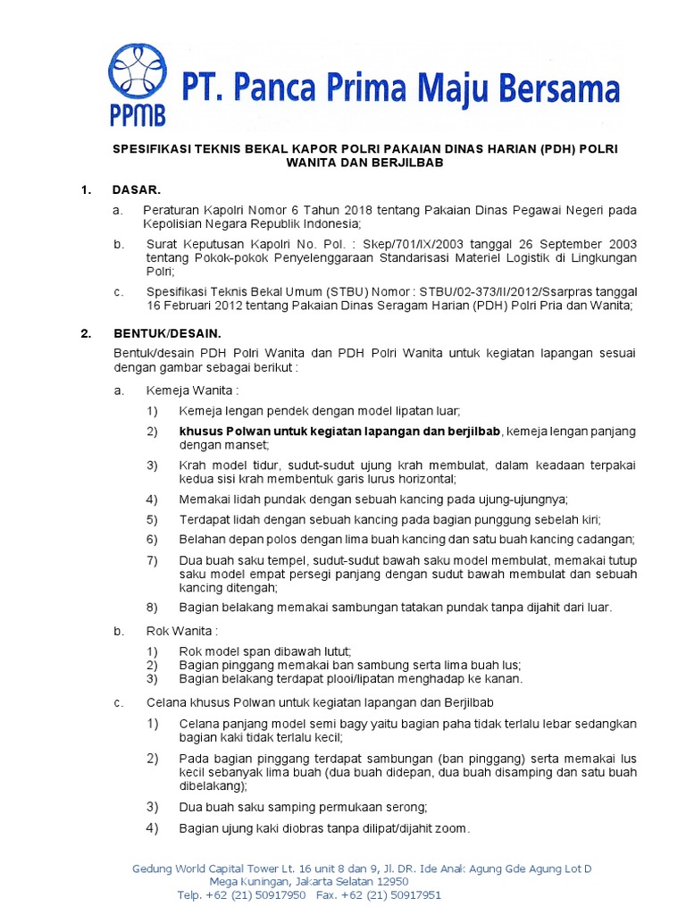 Spesifikasi Teknis PDH Polri Wanita | PDF