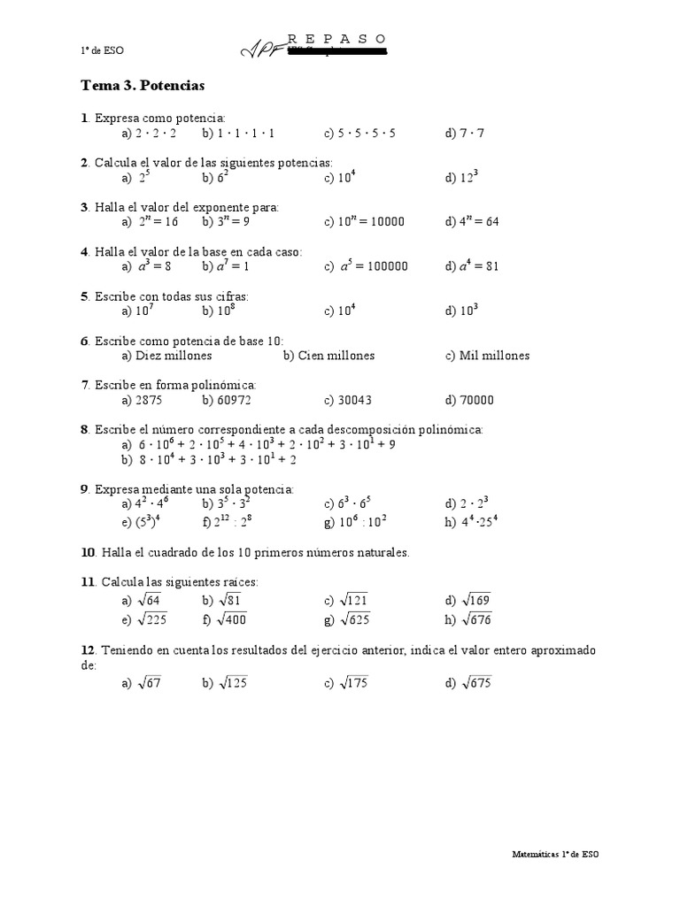 Autoevaluación de Potencias 1º ESO | PDF | Ajedrez