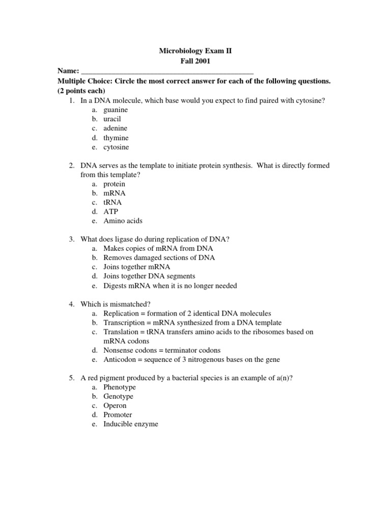 Microbiology Exam II Fall 2001 Name: - Multiple Choice: Circle The Most ...