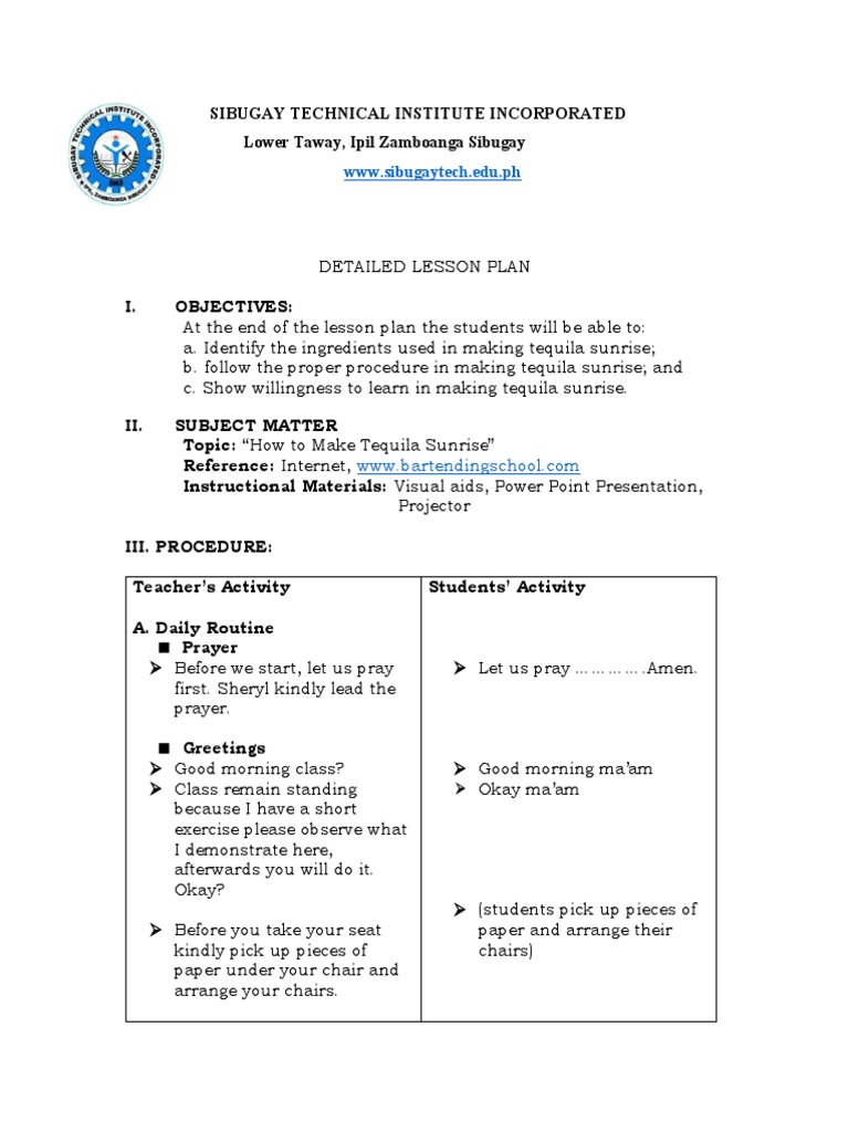 Lesson-Plan Bartending | PDF | Cocktails | Drink