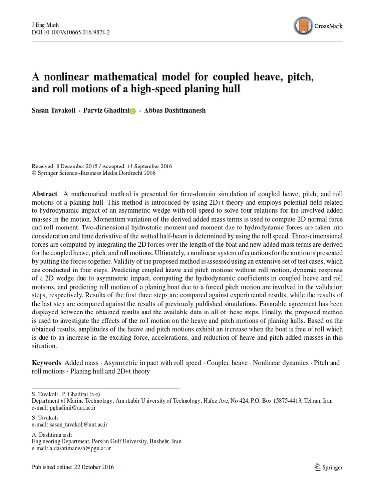 A Nonlinear Mathematical Model For Coupled Heave, Pitch and Roll ...