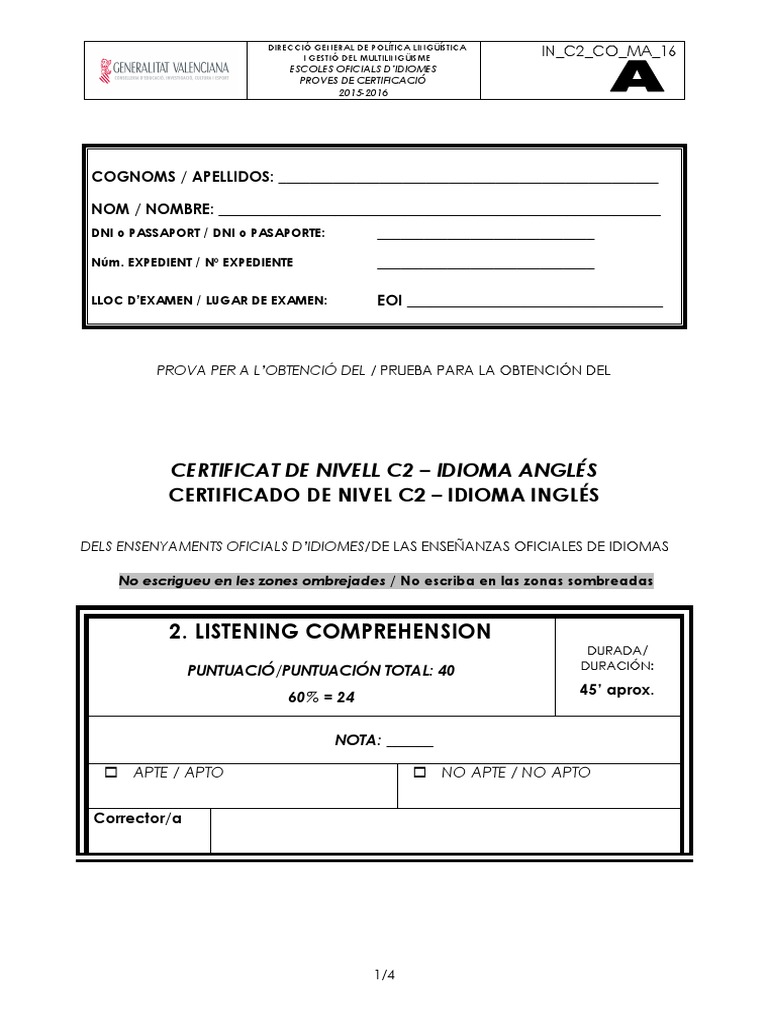 Listening Comprehension: Certificat de Nivell C2 - Idioma Anglés | PDF ...