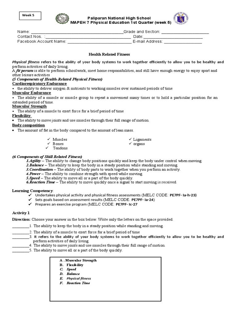Activities - G7 Physical Education 1ST Quarter 5th and 6th Week | PDF ...